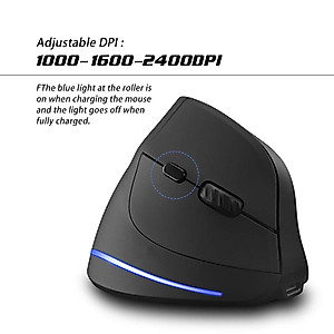 Attoe Vertical Mouse Wireless, Right Handed 2.4GHz Wireless Ergonomic Rechargeable Vertical Mouse with 3 Adjustable DPI 1000/1600/2400, 6 Buttons,Compatible with PC, Desktop,Mac (Black)
