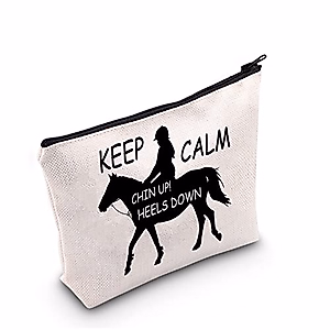 G2TUP Horse Lover Gift Keep Calm Chin Up Heels Down Makeup Bag Cowgirl Equestrian Rider Cosmetic Bag Horse Riding Gift Horse Zipper Travel Bag (Chin Up Heels Down White Bag)