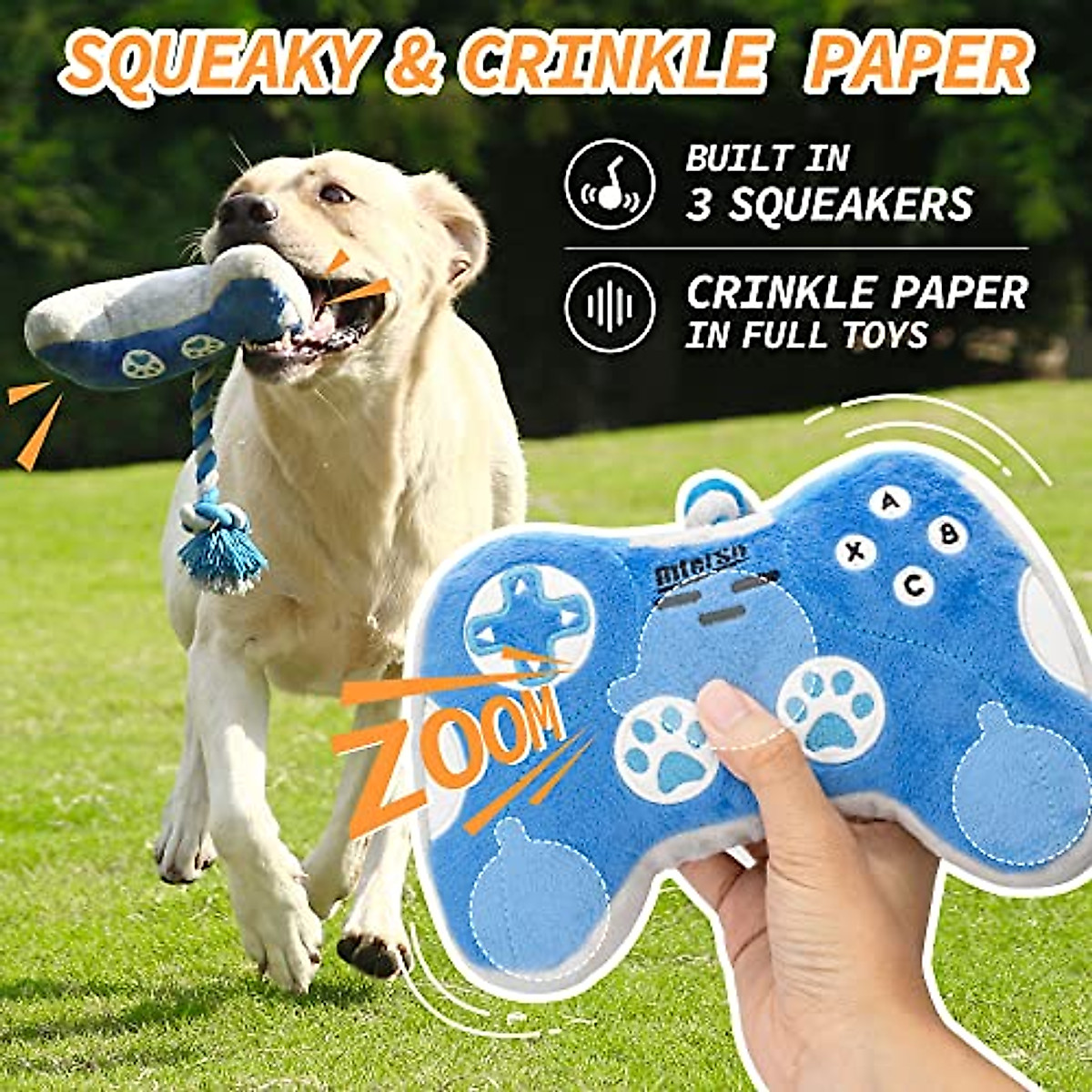 MTERSN Cute Squeaky Dog Toys : Blue Game Controller Plush Dog Toy and Funny Puppy Chew Toys with Full Crinkle Paper - Cool Dog Birthday Toys for Small, Medium and Large Dogs