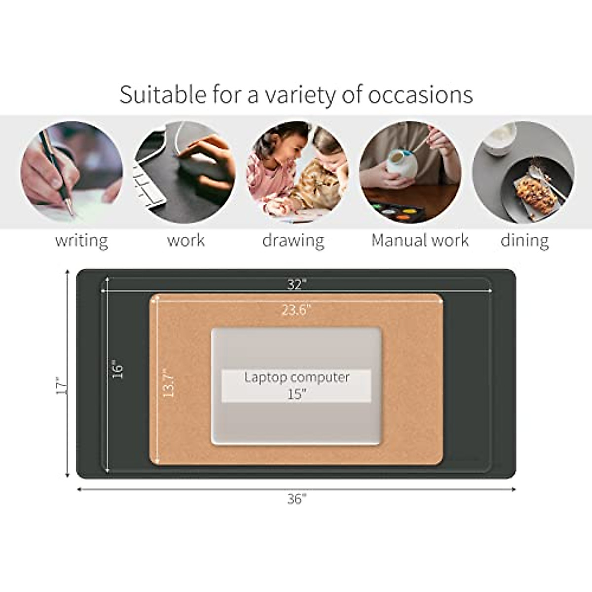 RENMTURE Dual-Sided Desk Pad, Natural Cork & PU Leather Large Mouse mats for Office and Home Work, Desk Protector Non-Slip, Waterproof, Easy Clean (Black, 36"x17")