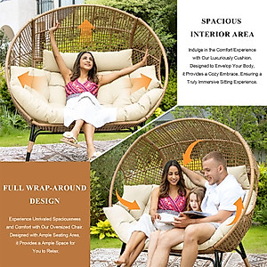 FINCATI Indoor Outdoor Double Egg Chair with Footrests, 2 Person Oversized Wicker Rattan Stationary Lounge Chair with Legs, 680 lbs Loveseat Boho Egg Basket Chairs with Ottomans Beige