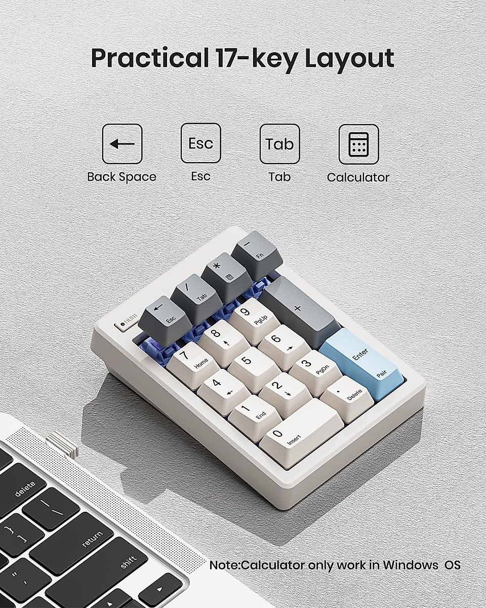 Kisnt Wireless Mechanical Number Pad, Bluetooth 5.0&2.4G Wireless Dual Mode Hot Swappable Numeric Keypad,17 Keys Gasket Numpad, Ten-Key with PBT Keycaps for Laptop/PC/TKL Keyboards(Linear Switch)