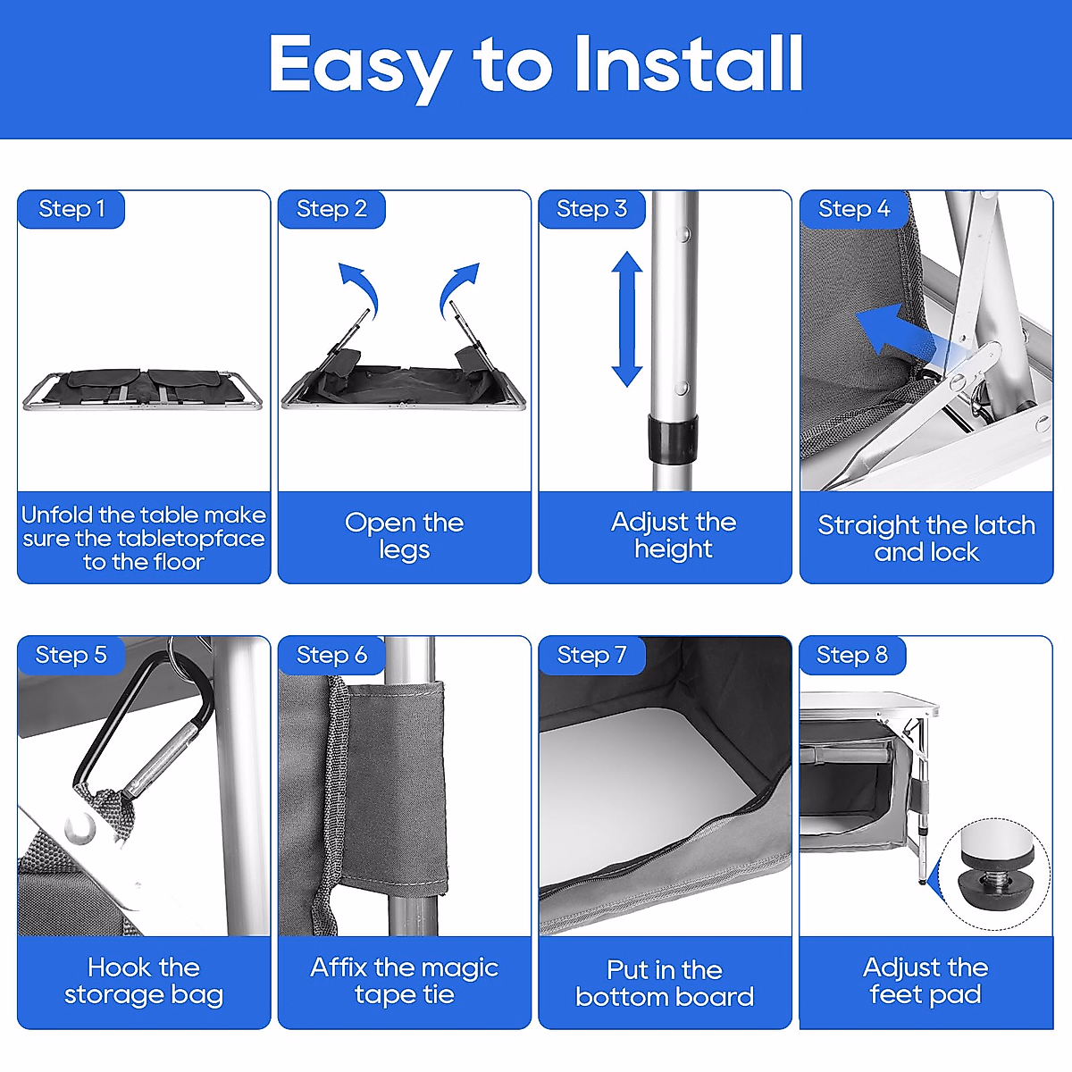 Moosinily Folding Camping Table 4 Ft Foldable Picnic Table 3 Height Adjustable Portable Camp Kitchen with Oxford Storage Outdoor White 47.2×18.5 inch