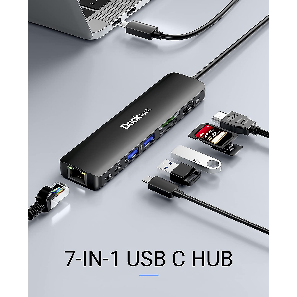 USB C Hub 4K 60Hz, Dockteck 7-in-1 USB C PD Ethernet Hub Dongle with 4K 60Hz HDMI, 1Gbps Ethernet, 100W PD, 2 USB 3.0, SD/Micro SD for MacBook Air/Pro M1 2020, iPad Pro 2021, iPad Mini 6 and More