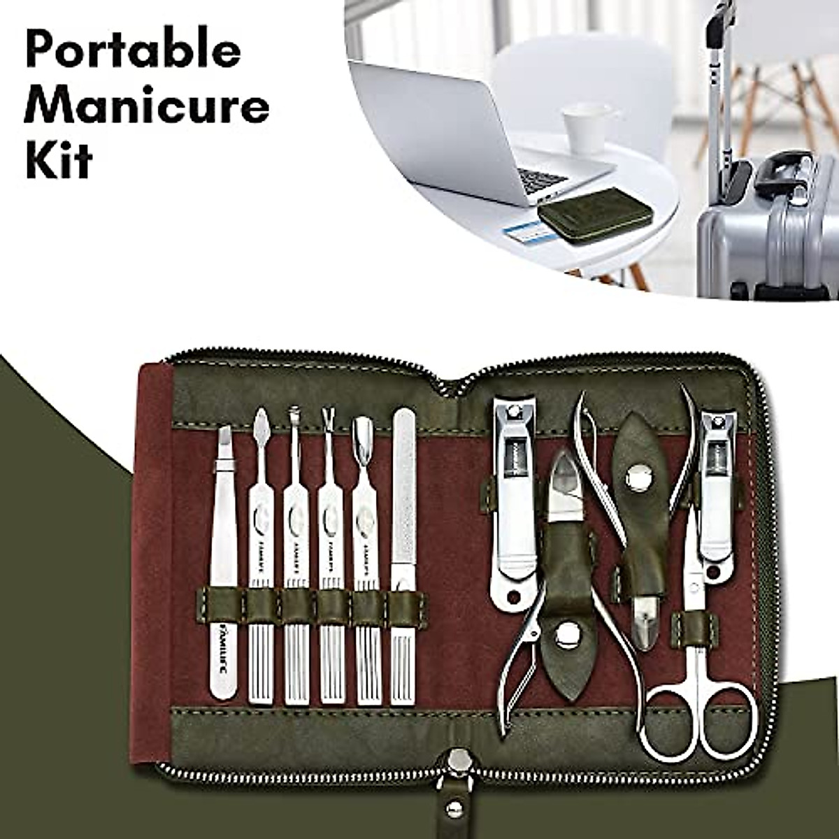 FAMILIFE Manicure Set, Nail Kit 11 in 1 Gifts for Men him Pedicure Kit Stainless Steel Mens Manicure Kit Professional Leather Pedicure Tools Mens Grooming Kit with Dark Green Travel Case Nail Clippers