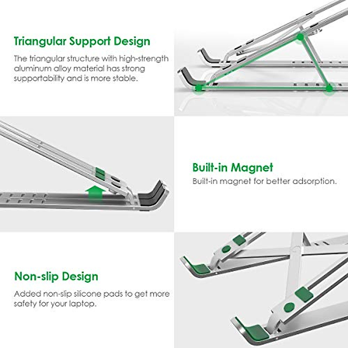 licheers Laptop Stand for Desk, Adjustable Ergonomic Portable Aluminum Laptop Holder, Foldable Computer Stand 7 Angles Anti-Slip Laptop Riser Compatible with 9-15.6 inch Laptops, Silver