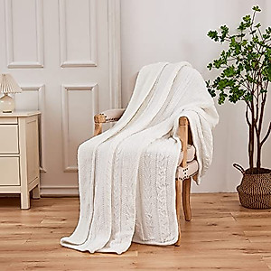 Longhui bedding Acrylic Cable Knit Sherpa Throw Blanket – Thick, Soft, Big, Cozy Ivory White Knitted Fleece Blankets for Couch, Sofa, Bed – Large 50 x 63 Inches Ivory White Coverlet All Season
