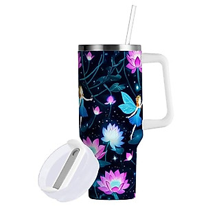 ODAWA 40oz Travel Insulated Tumblers with Handle and Straw, Flowers Night Double Wall Insulated Tumbler