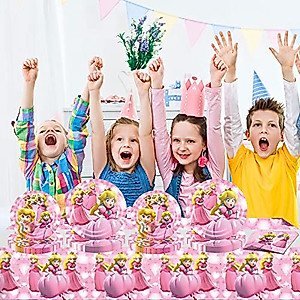 Princess Peach Party Supplies,Girls Birthday Table Plates and Napkins Tablecloth Cover Centerpiece Mario Theme Decoration