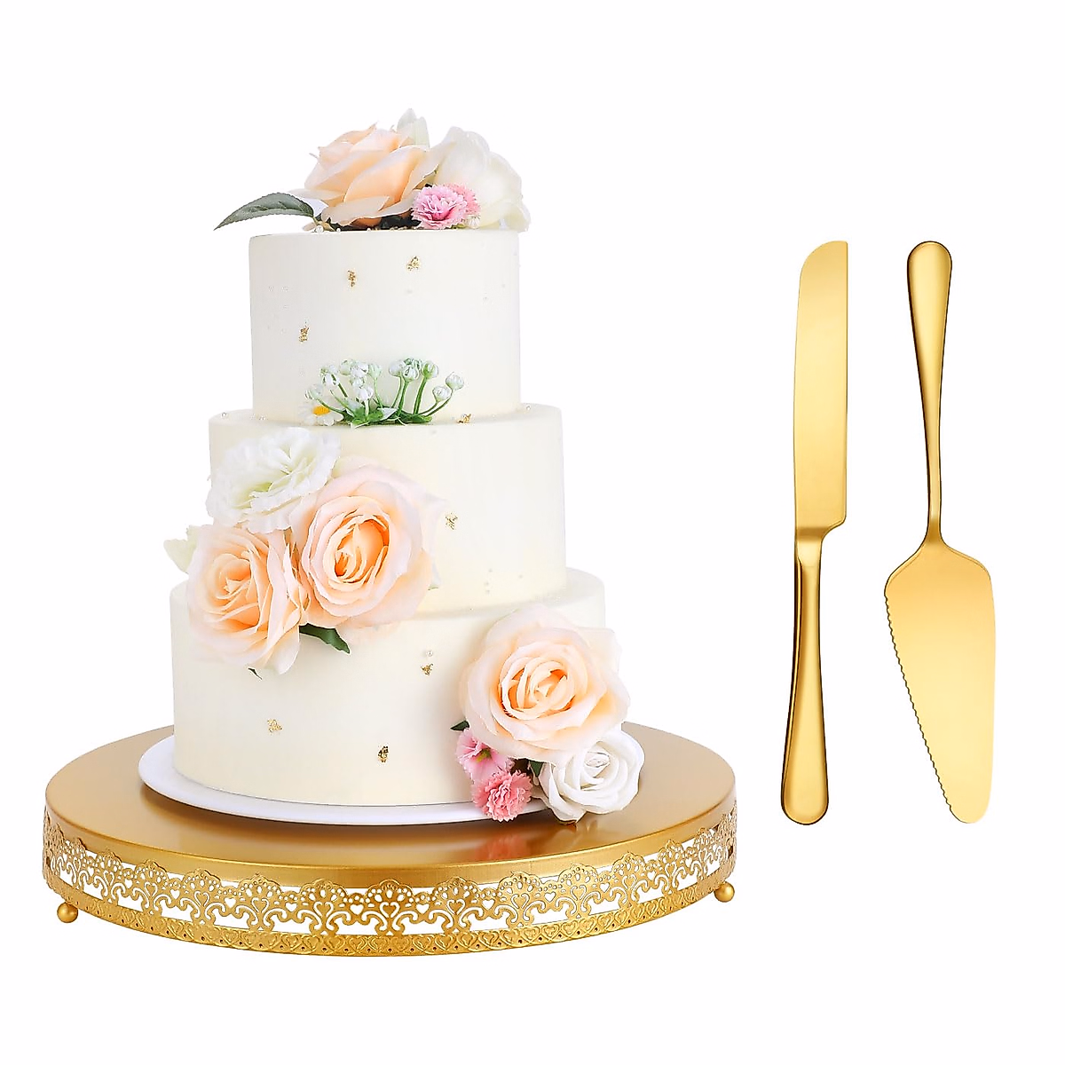 ALEXPRE 16" Cake Stand, Round Metal Large Cake Stand Dessert Display Stand Lace Wedding Cake Stand with Cake Cutting Set for Brithday Party Celebration Baby Shower Dessert Cupcake Display Plates(Gold)