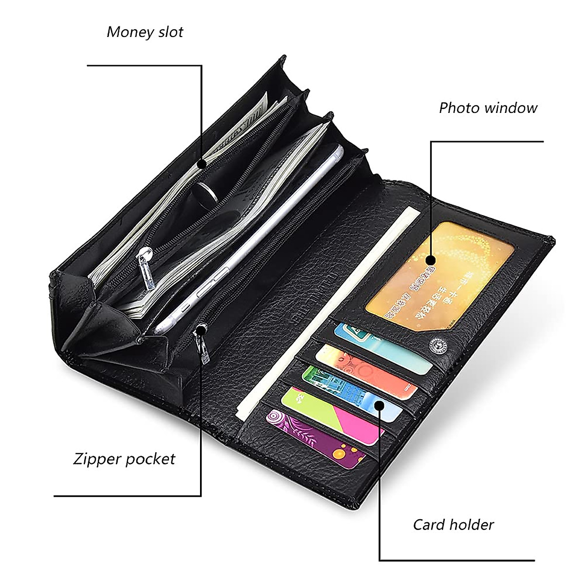 Dicihaya Large Capacity Clutch Purse Genuine Leather Women Wallet Long Double Zipper Wallets Multi Card Holder (Black)