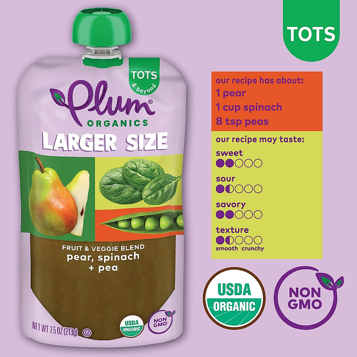 Plum Organics Tots & Beyond Pear Spinach & Pea Fruit & Veggie Blend, Kosher, USDA Certified Organic, Non-GMO, 7.5 Ounce (Pack of 6)