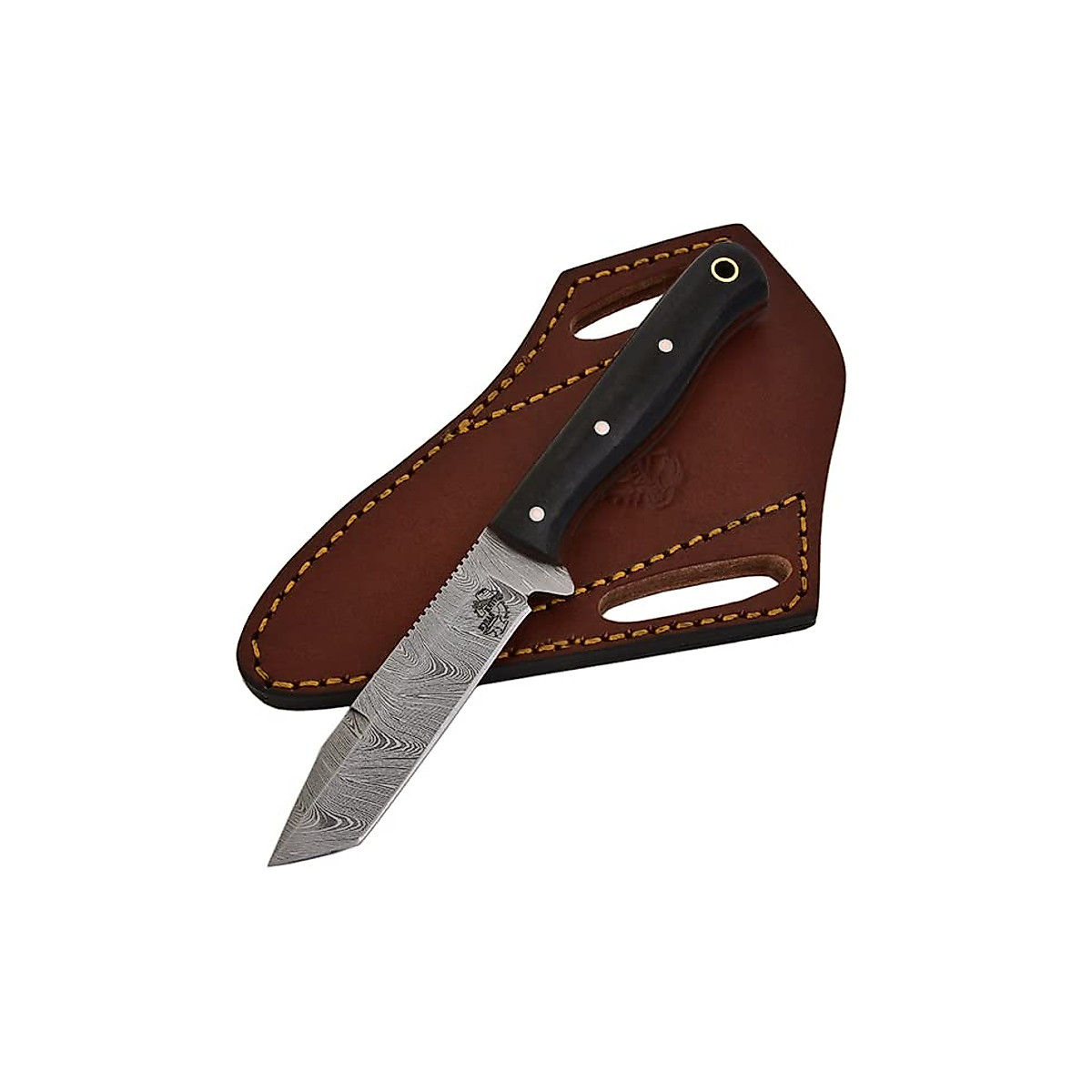 Knives Ranch ECD Fixed Blade Knife, Tanto Point, Damascus Steel, Black Burlap Micarta Handle Fine Quality 45 Degree Sheath Snug Fit (3184-M)