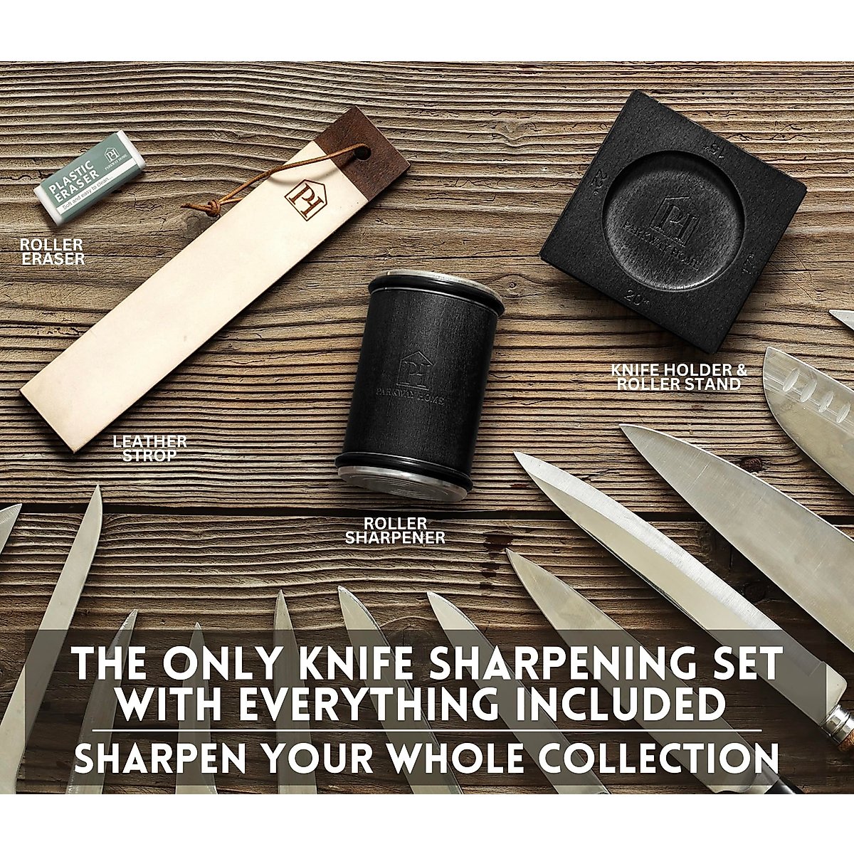 Black Roller Sharpener for Knives with Leather Strop - Knife Sharpener Kit with 15, 17, 20 & 22 Degree Angles - Roller Knife Sharpening System Stand, Holder & Eraser