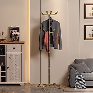 THRONKENGER Industrial Coat Rack, Metal Pipe Coat Rack Stand Freestanding with 6 Hooks, Heavy Duty Coat Tree Sturdy Coat Racks for Entryway, Hallway, Bedroom (Vintage gold)