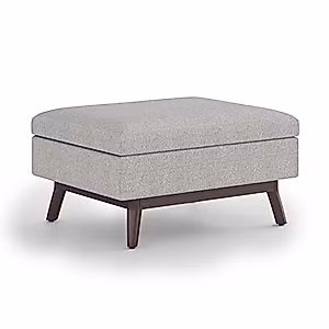 SIMPLIHOME Owen 34 Inch Wide Mid Century Modern Rectangle Coffee Table Lift Top Storage Ottoman in Upholstered Cloud Grey Polyester Fabric, For the Living Room
