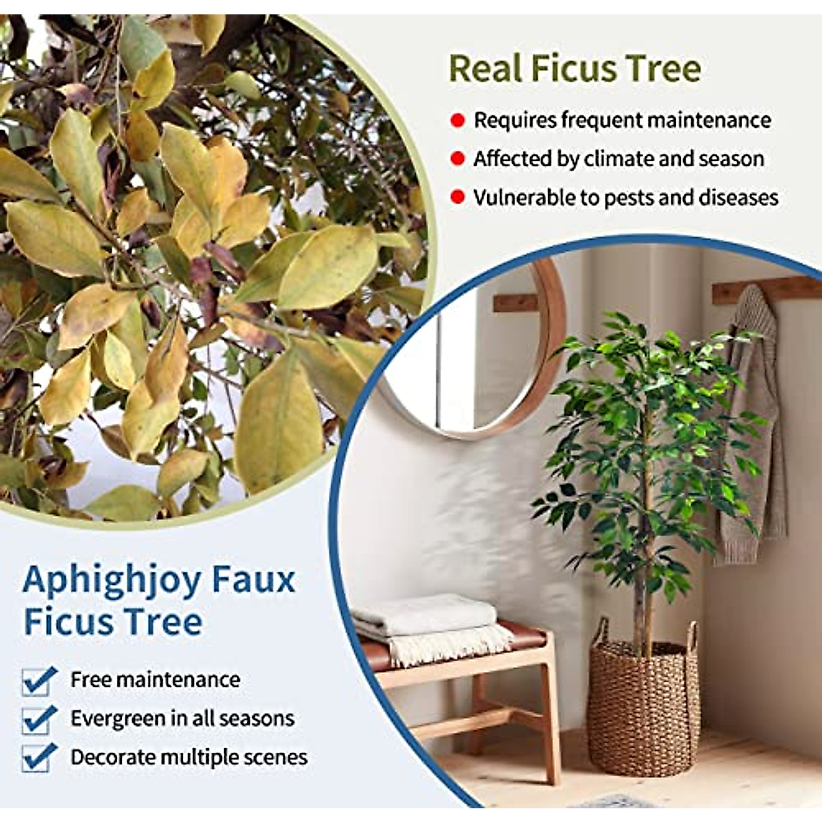 Aphighjoy Faux Plants Artificial Ficus Trees Eucalyptus Trees with Silk Leaves Fake Moss and Sturdy Nursery Pot, Fake Plants for Office Home Decor (4Ft -1Pack, Upgraded Ficus Tree)
