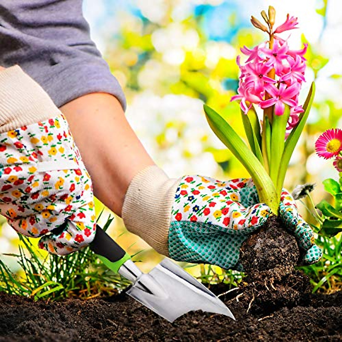 Garden Hand Shovel Garden Trowel Gardening Hand Tools Set with Soft Rubberized Non-Slip Handle Aluminum Alloy Planting Tools for Planting, Transplanting, Weeding, Moving and Smoothing (Yellow, Green)