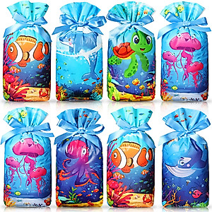 Tiamon 60 Pcs Under The Sea Gift Bags Birthday Decorations Supplies Ocean Sea Bulk Plastic Bags with Ribbon Drawstring Colorful Sea Life Goodie Candy Bags for Ocean Themed Mermaid Party Supplies