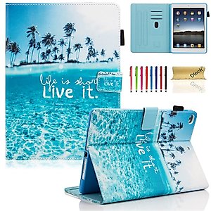 Dteck Case for iPad 9.7 inch 2018 2017 / iPad Air Case/iPad Air 2 Case, PU Leather Folio Smart Cover with Auto Sleep Wake Stand Wallet Case for Apple iPad 6th / 5th Gen,iPad Air 1/2, Beach Live it