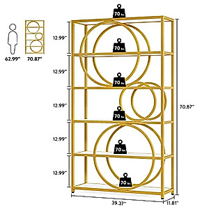 Tribesigns 5-Tier Bookshelf, 71" H Gold Book Shelf Large Bookcases and Bookshelves with Chic Circular Design, Tall Open Display Shelf Storage Rack for Home Office Living Room, Bedroom, White&Gold