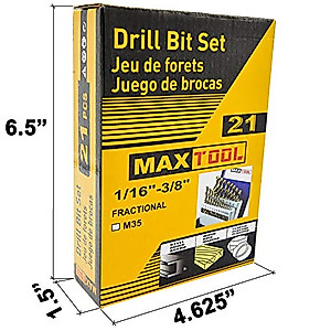 MaxTool 21 Pieces Drill Set 21PCs/21-Piece Twist Drill Bit Set 5% Cobalt HSS M35 Fully Ground 1/16“ to 3/8”x64th Fractional; JBS35G10R021S
