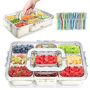 Portable Snackle Box Container with Lid and Handle, 9 Detachable Dividers Charcuterie Board Container Clear Organizer Food Storage for Fruits,Candy, Nuts- Perfect for Party, Travel & Picnic