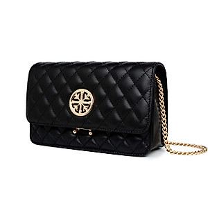 Women Genuine Leather Shoulder Bag Ladies Fashion Clutch Purses Quilted Crossbody Bags With Chain - Quilted Black