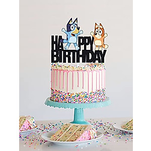 77 Ponies Blue Dog Cake Topper,Cartoon Dog Boys Birthday Party Cake Toppers Decorations Supplies,Black