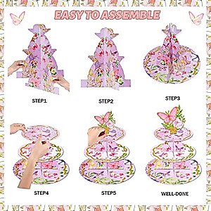 34 PCs Butterfly Cupcake Stand 3-Tier and Topper Set, Fiesec Floral Butterfly Birthday Party Decorations Baby Shower Supplies Cardboard Dessert Tower Holder Round Serving Stand 3D Butterfly for Girl