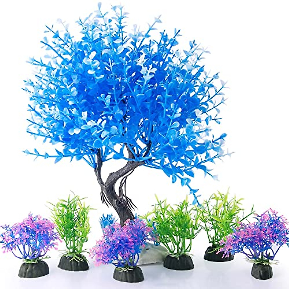 HITOP Pets Plastic Plants for Fish Tank Decorations Large Artificial Aquarium Decor (Blue-White Tree)