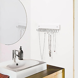 SCUNDA Hanging Jewelry Organizer Wall Mounted, Modern Wall Jewelry Display with 28 Hooks, Decorative Necklace Holder for Wall, Space-Saving Necklace Hooks, (2-Pack, White)