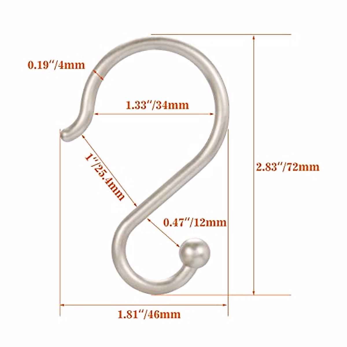 Nickel Shower Curtain Hooks Rings, Never Rust Proof and Durable Aluminum Shower Curtain Rings, Set of 12 S Hooks Hangers for Shower Rod, Pots and Pans, Plants, Clothing, Towels, etc.（Nickel）