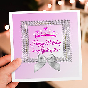 Greeting Card - Princess Crown Silver Frame, Bow, Happy Birthday, Goddaughter, Pink - Birthday Design
