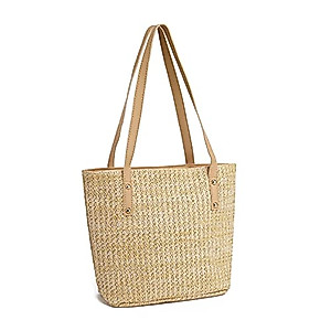 Straw Beach Tote Bags for Summer, Large Beach Bags for Women, Handmade Woven Straw Bag with Leather Handles & Zipper Closure for Vacation, Holiday, Seaside (Khaki)