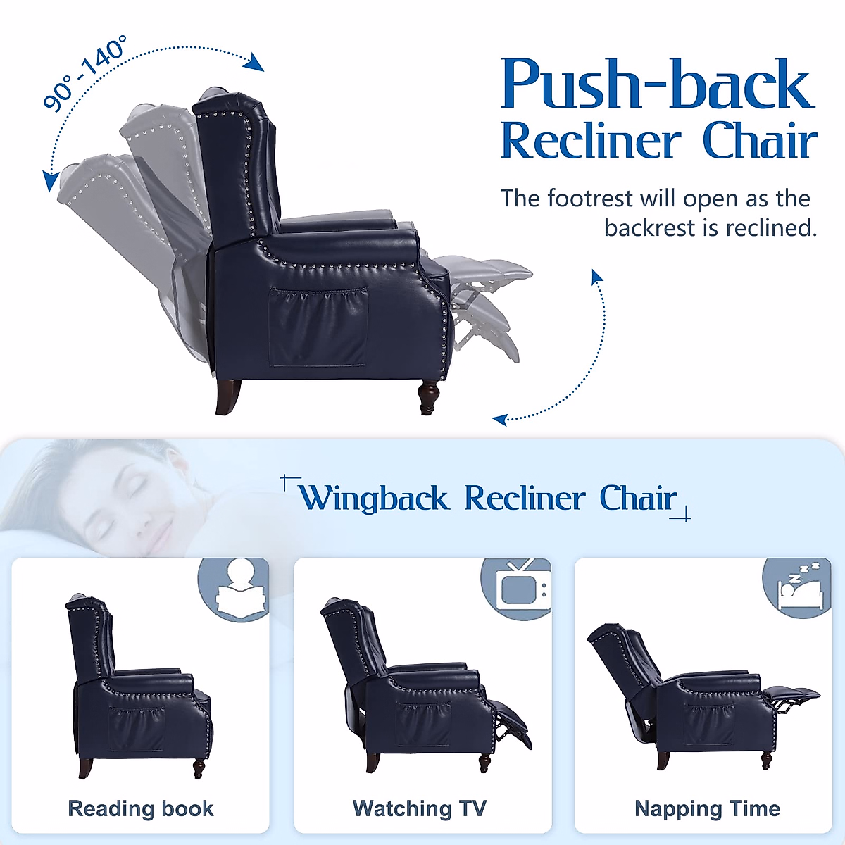 Consofa Wingback Recliner Chair with Massage and Heat - Tufted PU Leather Push Back Arm Chair for Living Room - Vintage Recliner Chair with Remote Control, Padded Cushion, Backrest, Wooden Legs