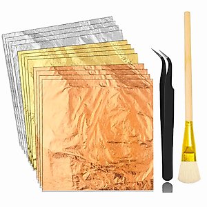 Gold Leaf Sheets for Art, 3 Colors 150 Sheets Gold Foil Sheets for DIY Crafts Decor,Painting, Resin, Nails, Gilding Craft, Bronzing, Furniture- Gold, Silver, Rose Gold Foil Sheets With Tweezer & Brush