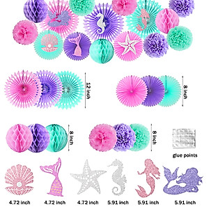 Hombae Mermaid Birthday Decorations, Mermaid Party Decorations Supplies Kit, Mermaid Cake Decorations, Mermaid Theme Birthday Decorations, Mermaid Banner Cake Topper Paper Fans with Cute Cut Outs