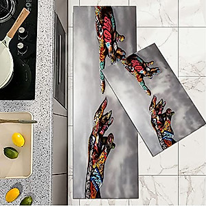 GUBIYU 2 Pieces Kitchen Rugs Red Gray Area Rugs Kitchen Mats Street Art Adam Hand of God Pop Art Banksy Rugs Desk Table Decor Anti-Slip Modern Area Rugs Living Room Balcony Bathroom Rug Carpet Doormat