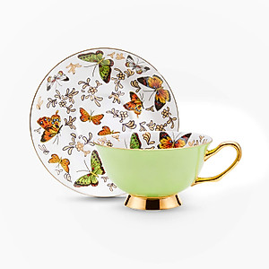 LURRIER Coffee Cup Mug with Saucer for Latte, Cappuccino Tea with Butterflies 6.8 Oz Fine Bone China, Dishwasher Safe, Reactive Glaze, 1 Pcs (Green)