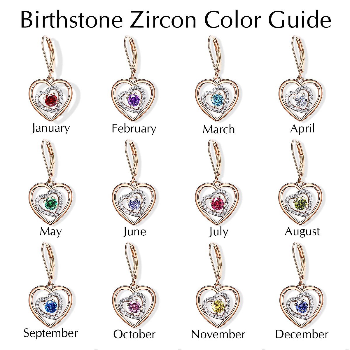 JD&P Forever Love Heart Drop Dangle Earrings Set for Women, Rose Gold Tone 18k Gold Plated with Birthstone Zirconia, Valentines Day Mothers Day Birthday Christmas Gift Ideas for Mom Daughter Grandma