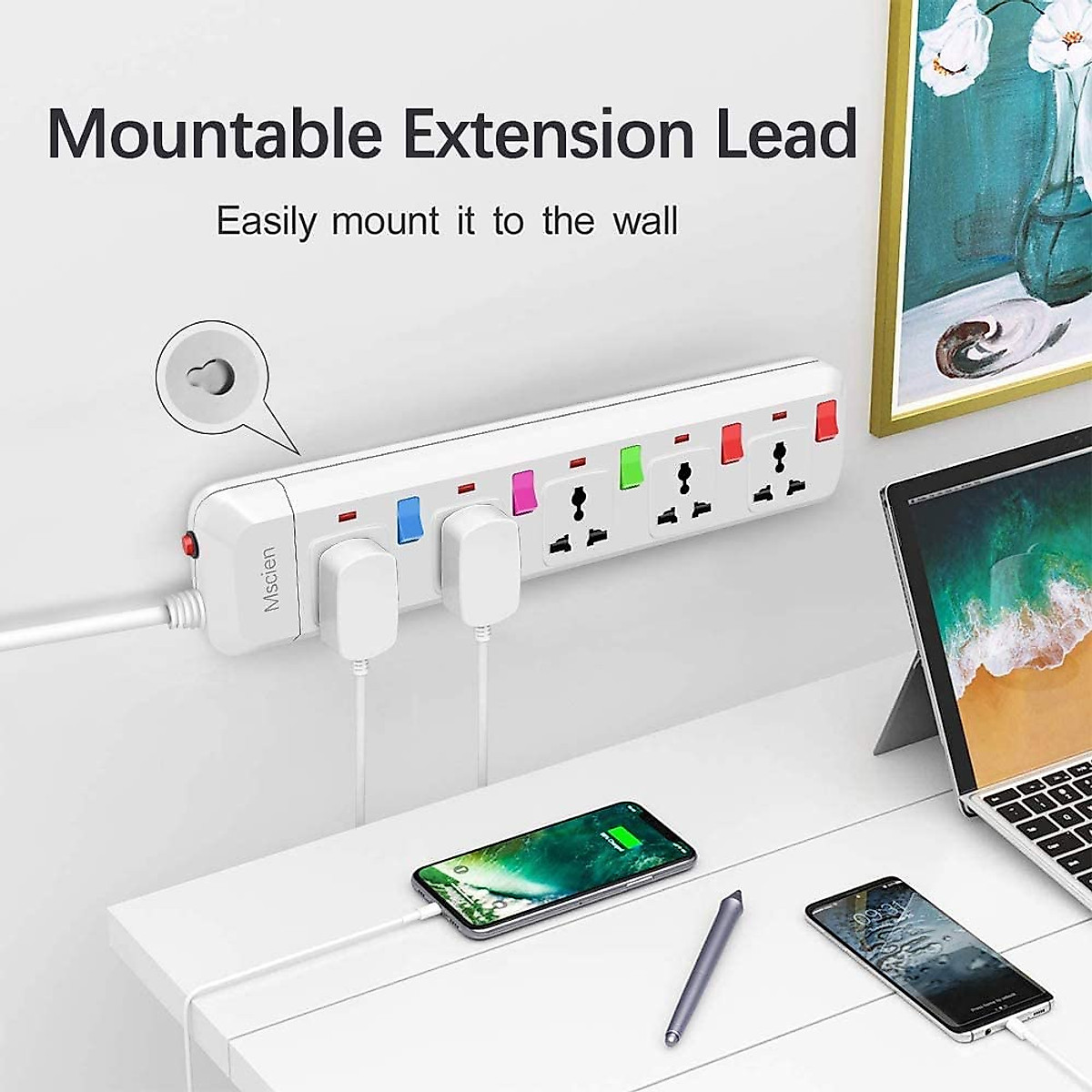 Mscien European Travel Plug Adapter Individual Switched, 5 Way Universal Power Strip with 1.8M Extension Cord