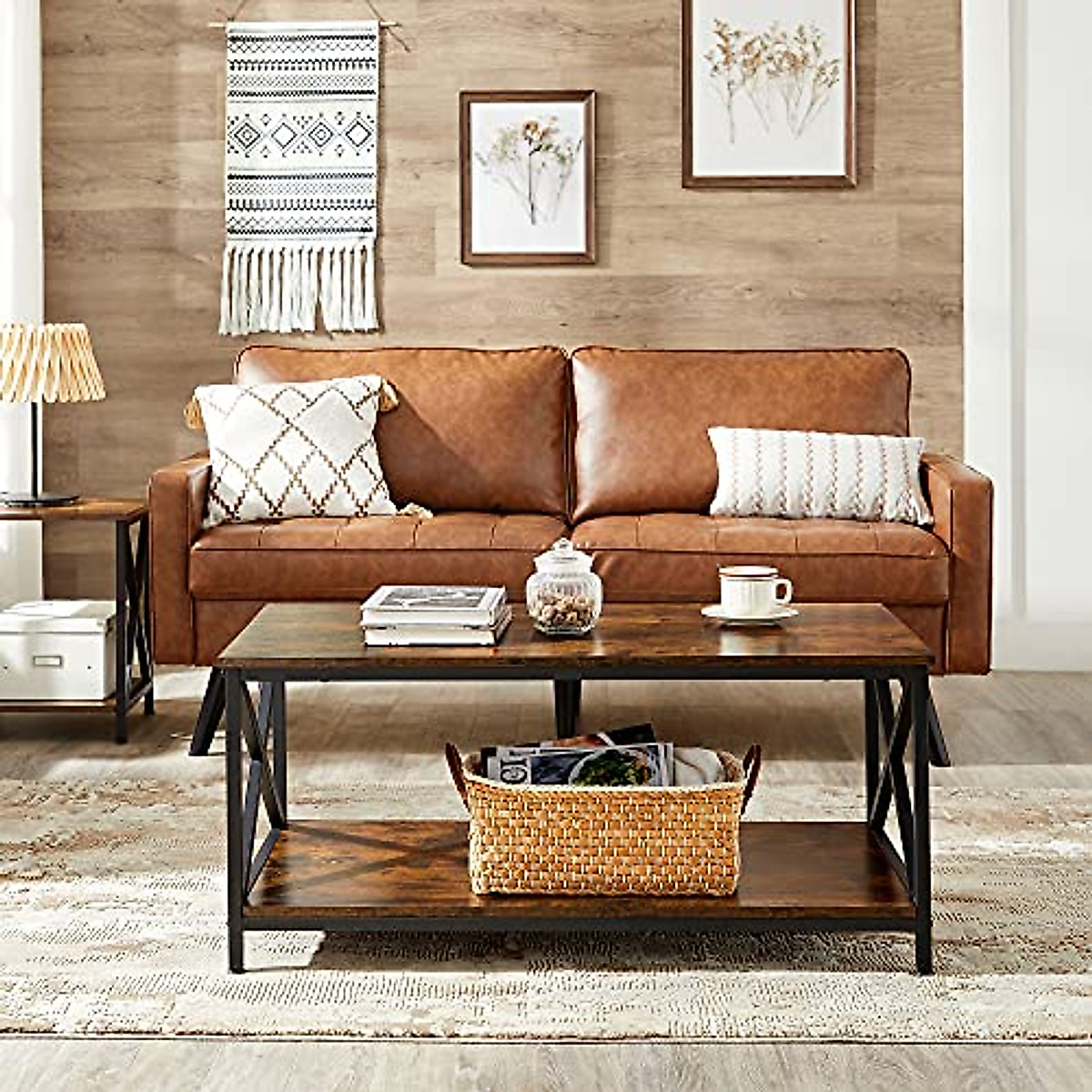 VASAGLE Coffee Table, Cocktail Table with Storage Shelf and X-Shape Steel Frame, Industrial Farmhouse Style, 39.4 x 21.7 x 17.7 Inches, Rustic Brown and Black ULCT200B01V1