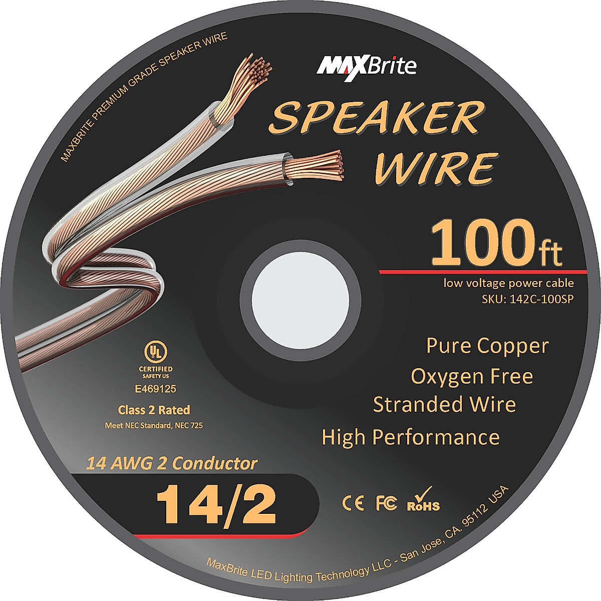 High Performance 14 Gauge Speaker Wire, Oxygen Free Pure Copper - UL Listed Class 2 (50 Feet Spool)