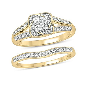 Cali Trove Diamond Illusion Set & Twisted Halo Wedding Ring Set for Women with Diamond Curved Half Eternity Band (Yellow Gold Plated Silver) | 1/5cttw Real White Diamond Ring for her | Gift for her