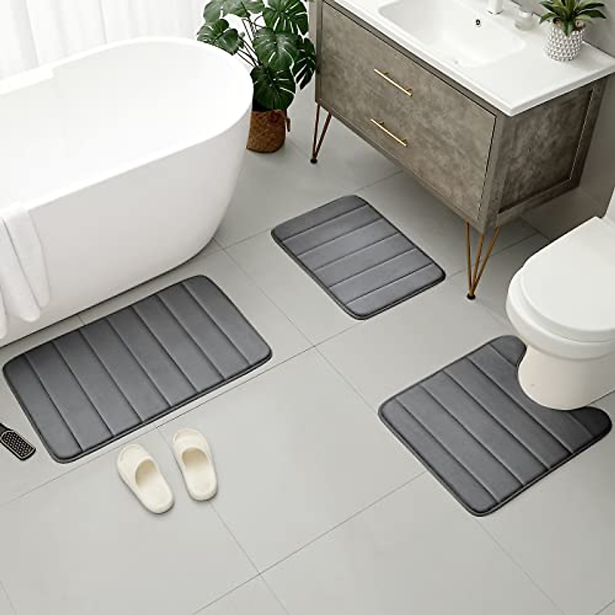 BYSURE Bathroom Rugs Sets 3 Piece Dark Grey Memory Foam Non Slip Extra Absorbent Bath Mat Set for Bathroom, Soft Bathroom Rugs and Mats Set Washable Floor Carpets