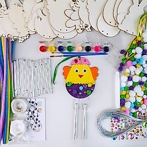Winlyn 36 Sets Wooden Easter Wind Chimes Ornaments Easter Craft Kits Paintable Unfinished Wood Easter Egg Bunny Chick Tulip Pom Poms Wind Chimes Arts and Crafts for Spring Party Activities
