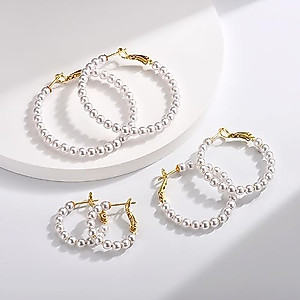CERSLIMO Pearl Hoop Earrings for Women - 3 Pairs 14K Gold Plated Pearl Hoop Earrings Set, S925 Sterling Silver Post Big Large Hoops 4mm Pearl Earrings Jewelry Gifts 20/30/40mm