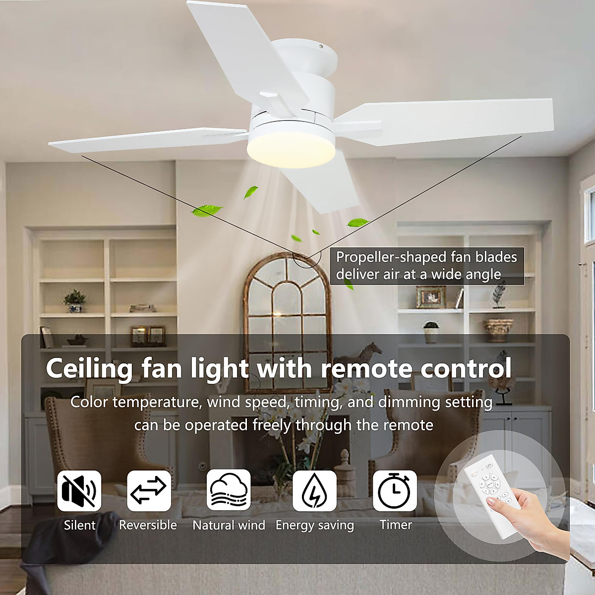 Ohniyou Ceiling Fan with Lights Flush Mount,40'' Small Ceiling Fans with Lights and Remote Control,Indoor Outdoor Quiet DC White Low Profile Ceiling Fan for Patio Kitchen Dining Room Bedroom