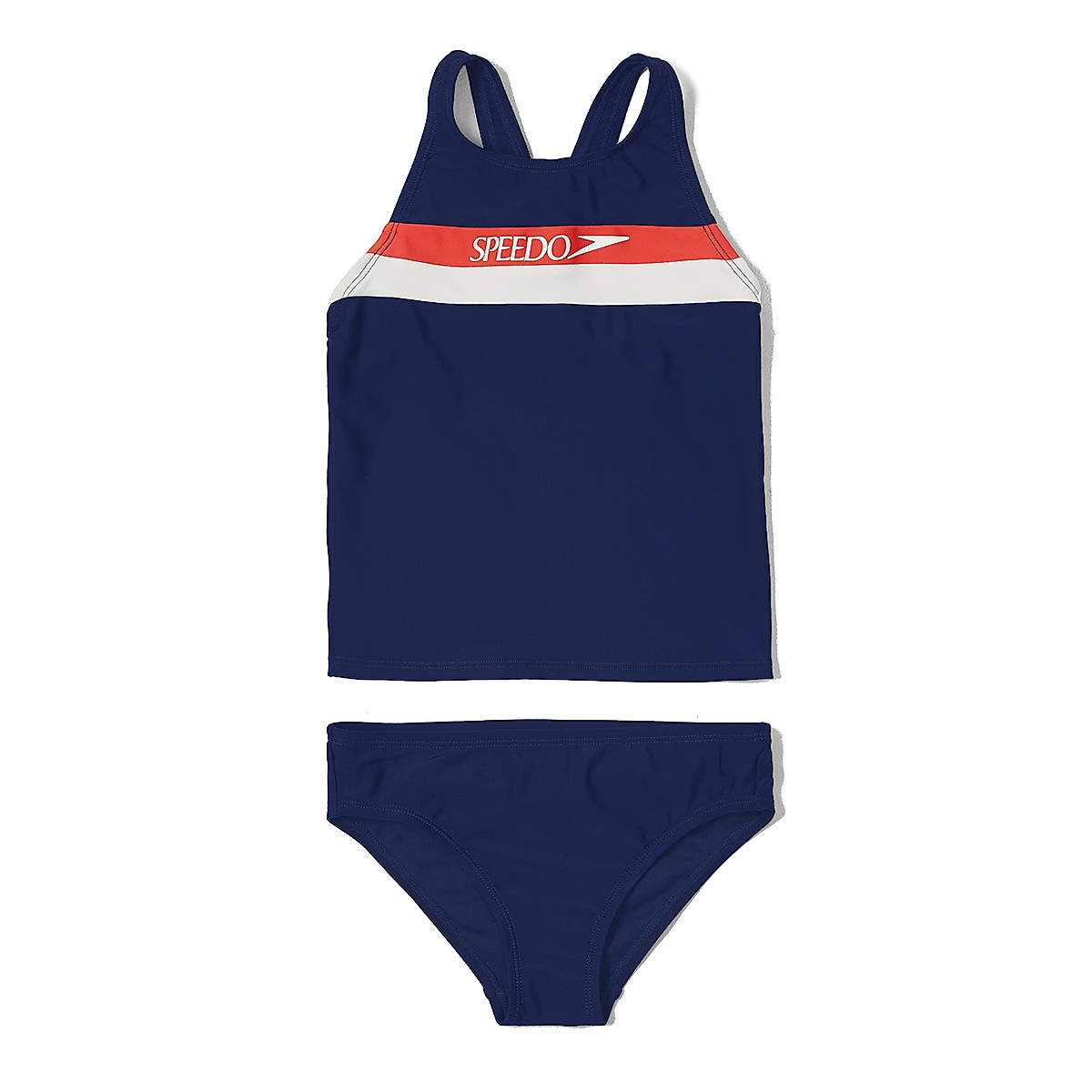 Speedo Girls' Standard Swimsuit Two Piece Tankini Thick Strap, Red/White/Blue, 14